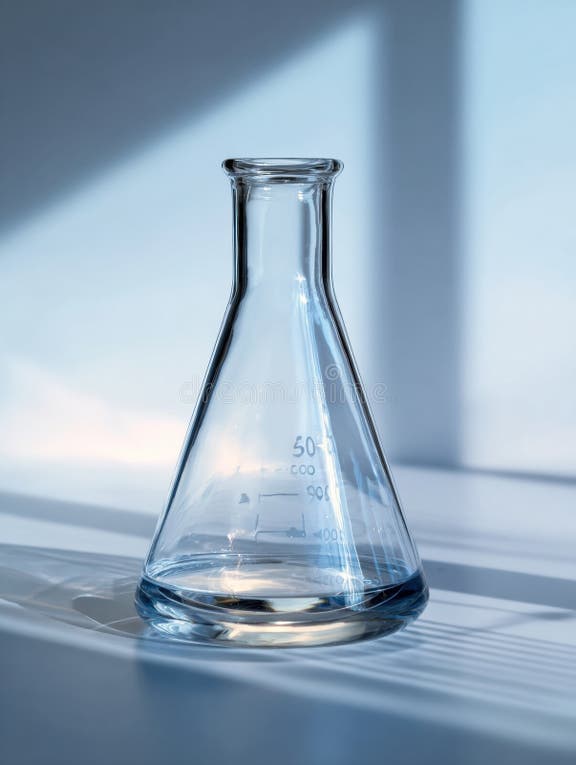 Clear Glass Laboratory Flask on a Surface with Dramatic Shadows and ...
