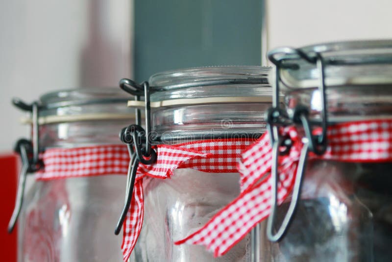 Clear Glass Mason Jar With Red White Ribbon Stock Image - Image of ...