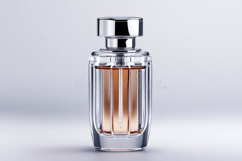 Elegant Glass Perfume Bottle with Silver Cap Standing on White ...