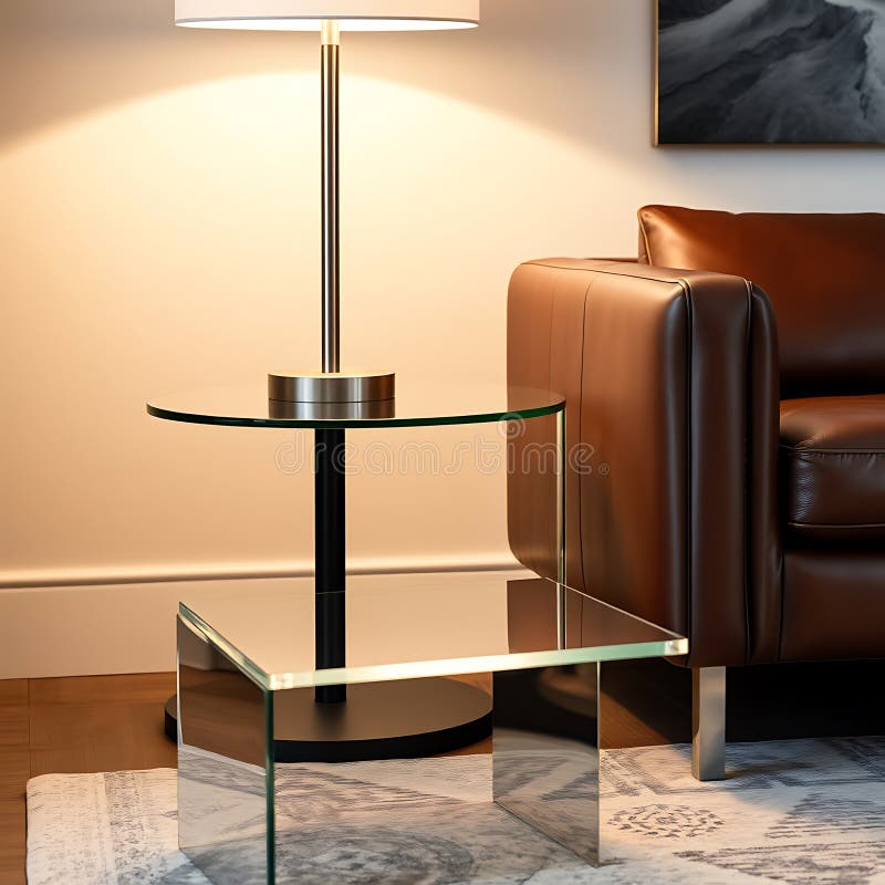 A Clear Glass Side Table Next To a Leather Armchair with Soft Lighting ...