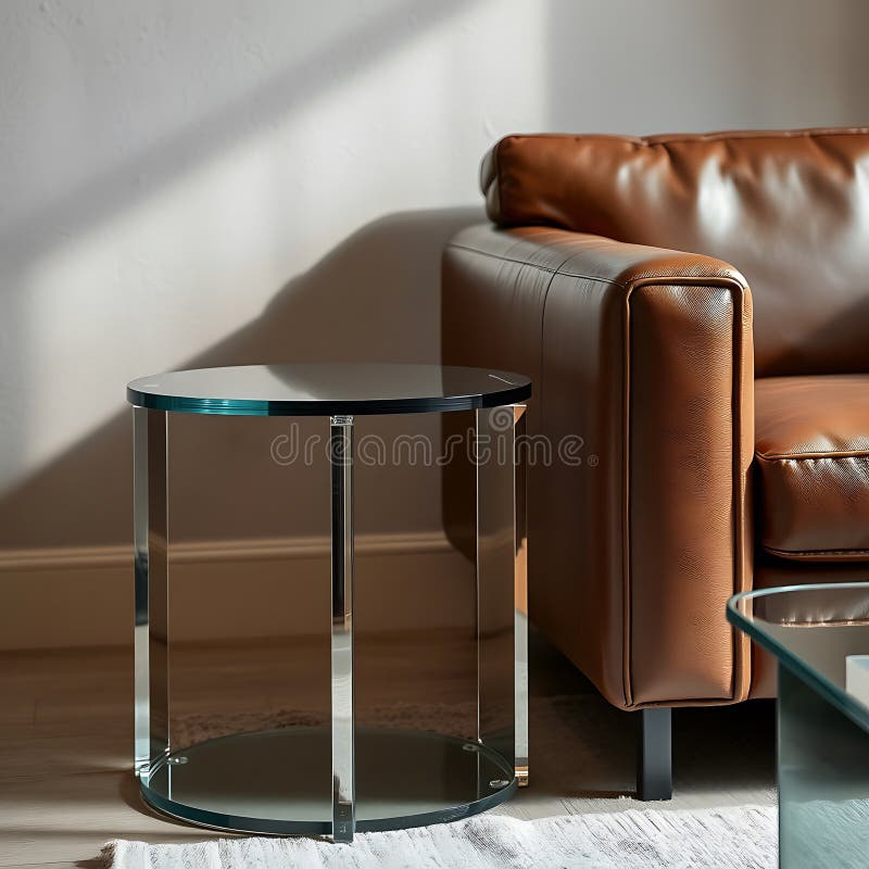 A Clear Glass Side Table Next To a Leather Armchair with Soft Lighting ...