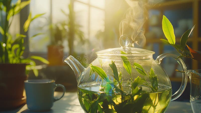 A Clear Glass Teapot, Steaming, Containing Green Tea. Stock Image ...