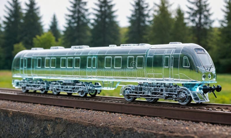 A Clear Glass Train Model Sits on a Set of Tracks, with a Green Forest ...