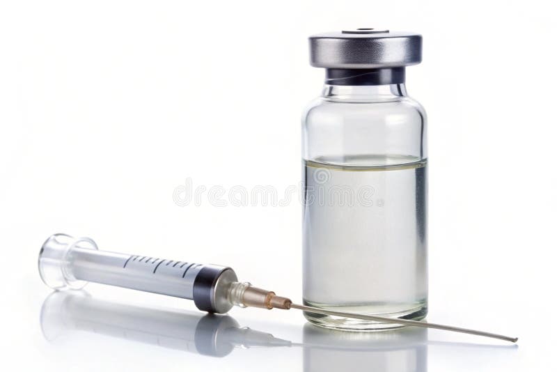Clear Glass Vial with a White Label and a Grey Syringe, Isolated on ...