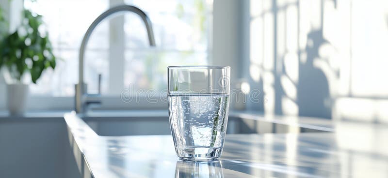 Clear Glass of Water on Kitchen Counter with Natural Light and Shadows ...