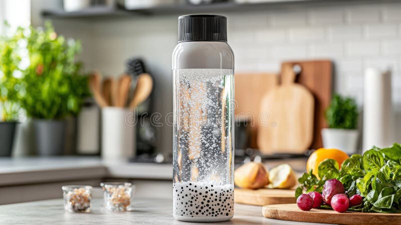 A Clear Glass of Water Lies beside a Plastic Bottle on a Kitchen ...