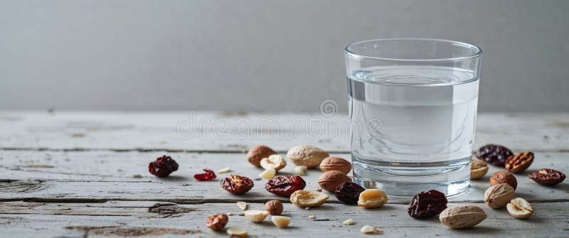 Clear Glass of Water with Nuts and Dried Fruit on Rustic Table. Stock ...