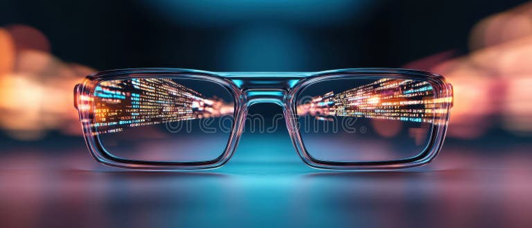 Clear Glasses Display Digital Network Data. Blue and Orange Light ...