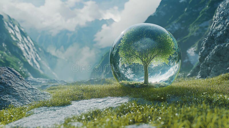 A Clear Globe with a Green Tree Inside, Framed by a Tropical Nature ...
