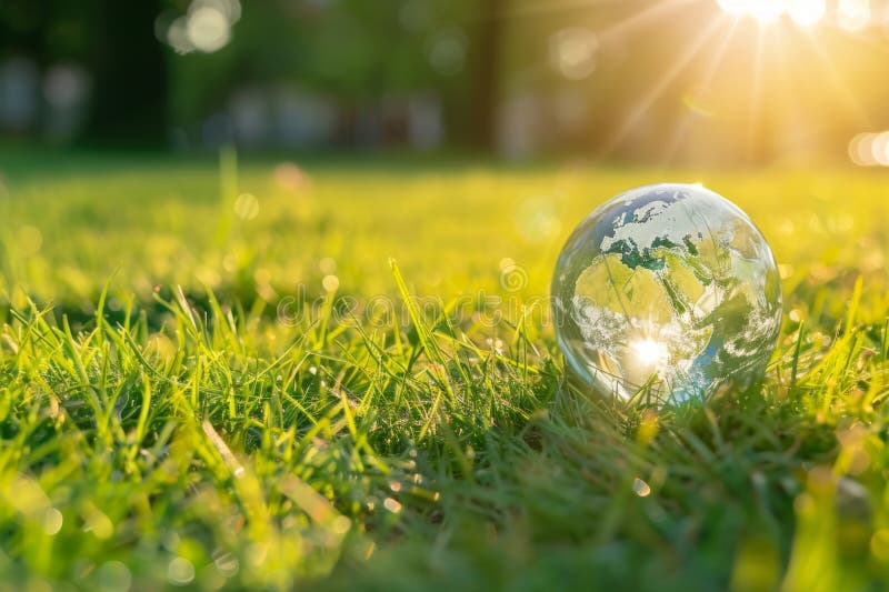 A Clear Globe Reflects Sunlight on Lush Green Grass. this Image ...