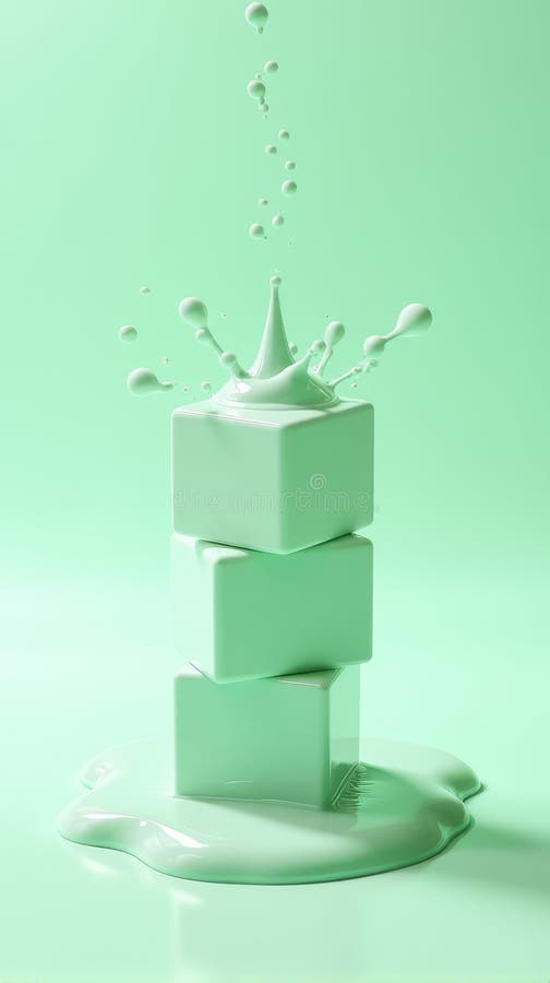 Clear Green Liquid Splashing on Stacked Translucent Cubes in a ...