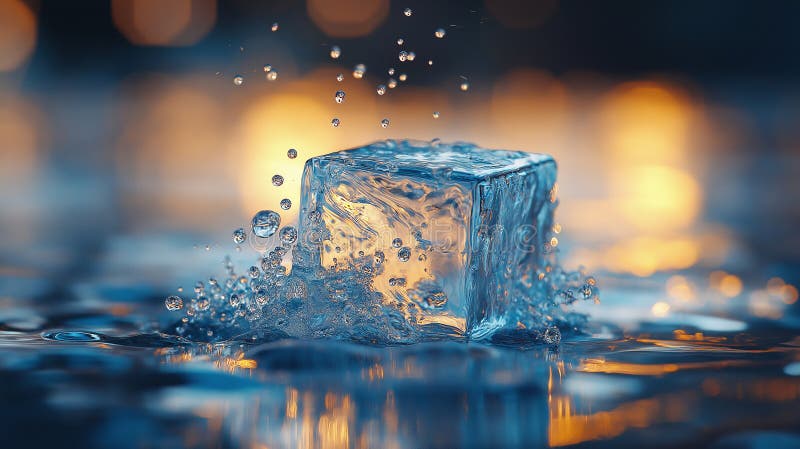 Ice Cube Splashing in Water with Shimmering Reflections at Dusk Stock ...