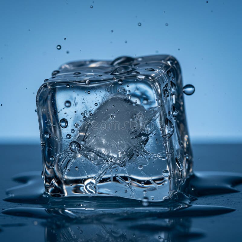 A Clear Ice Cube Sits on a Reflective Surface, Surrounded by Scattered ...