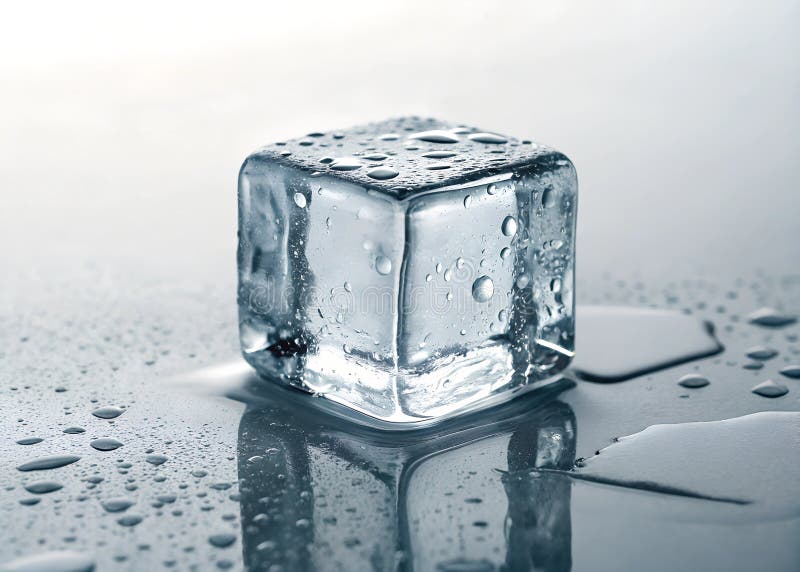 Clear Ice Cube Resting on a Reflective Surface with Droplets of Water ...