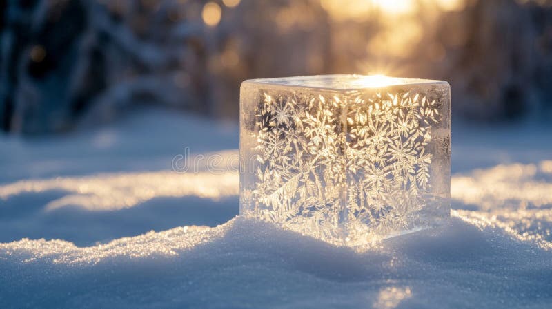 Clear Ice Cube on Snowy Ground at Sunset Stock Illustration ...