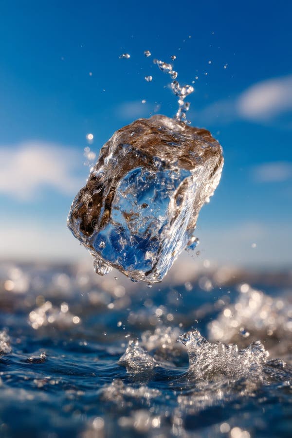 Clear Ice Cube Splashing into Blue Water Stock Illustration ...