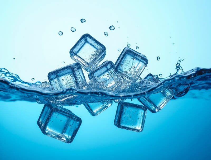 Clear Ice Cubes Drop into Water, Creating Vibrant Splashes and Bubbles ...