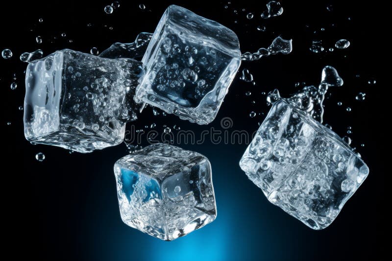 Clear Ice Cubes Falling in Motion with Copy Space on Black Background ...