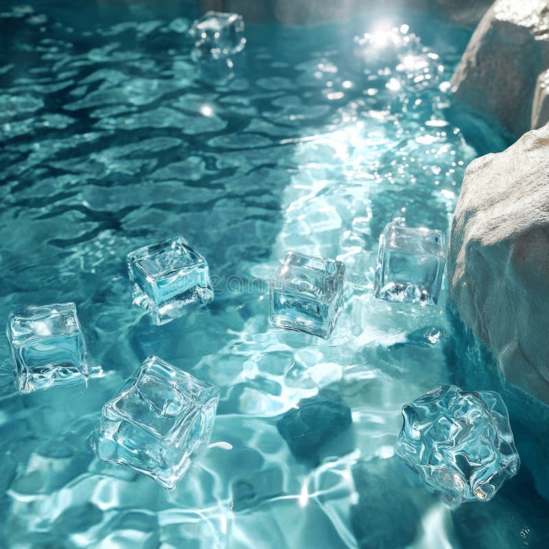 Clear Ice Cubes Floating in Sunlit Pool with Rippling Water and Rocks ...