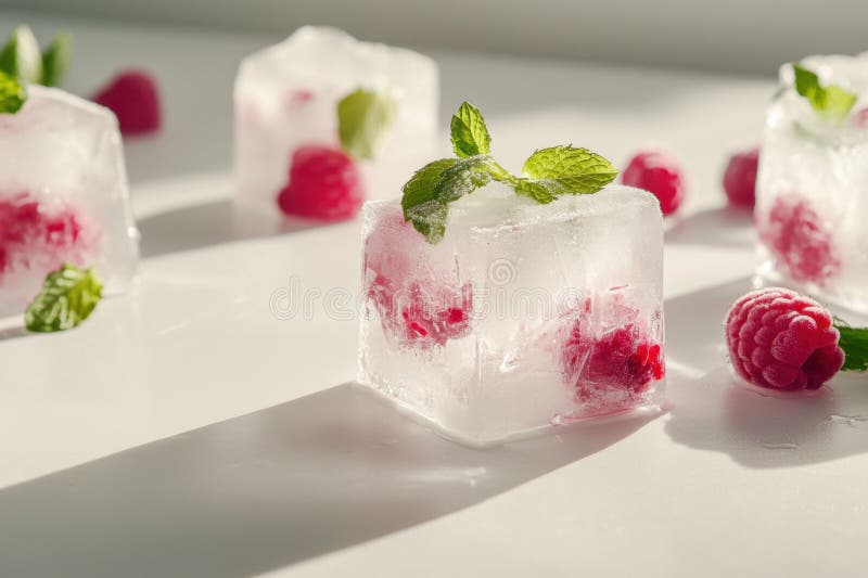 Clear Ice Cubes with Frozen Raspberries and Mint Leaves in Bright Sunlight Setting Stock Image ...