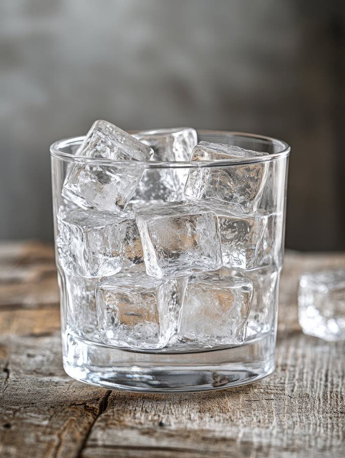 Clear Ice Cubes in a Glass on Rustic Wooden Surface. Stock Image ...
