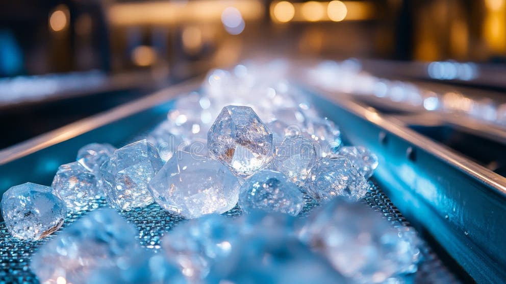 Clear Ice Cubes Moving on a Conveyor Belt in an Industrial Setting ...