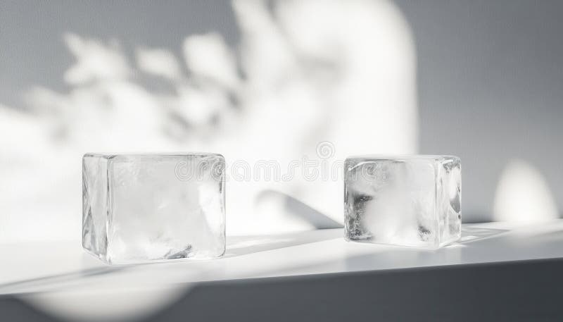 Clear Ice Cubes Placed on a White Shelf with Soft Shadows during ...