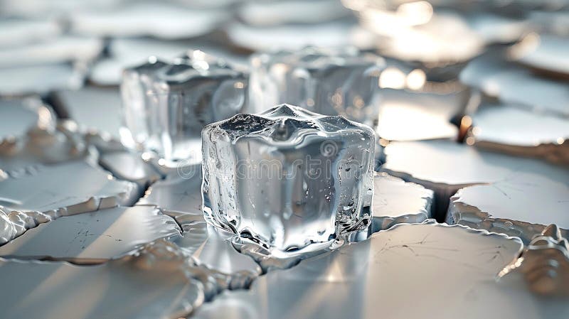 Clear Ice Cubes Resting on a Cracked Surface with Glistening ...
