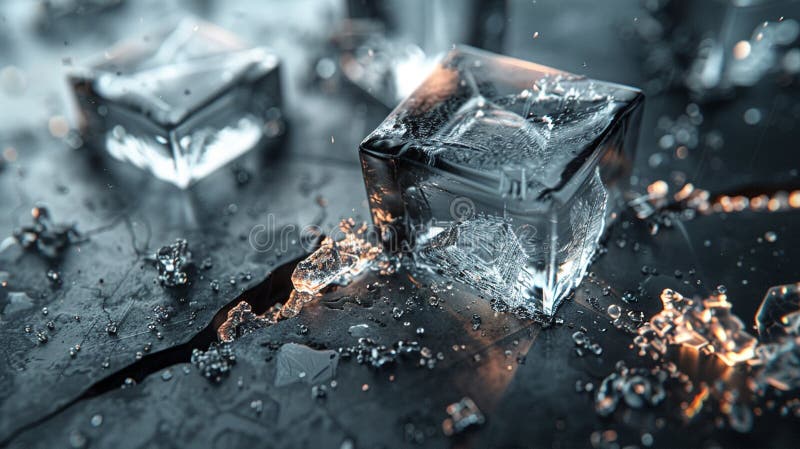 Clear Ice Cubes Resting on a Wet Black Surface Reflecting Light in a ...