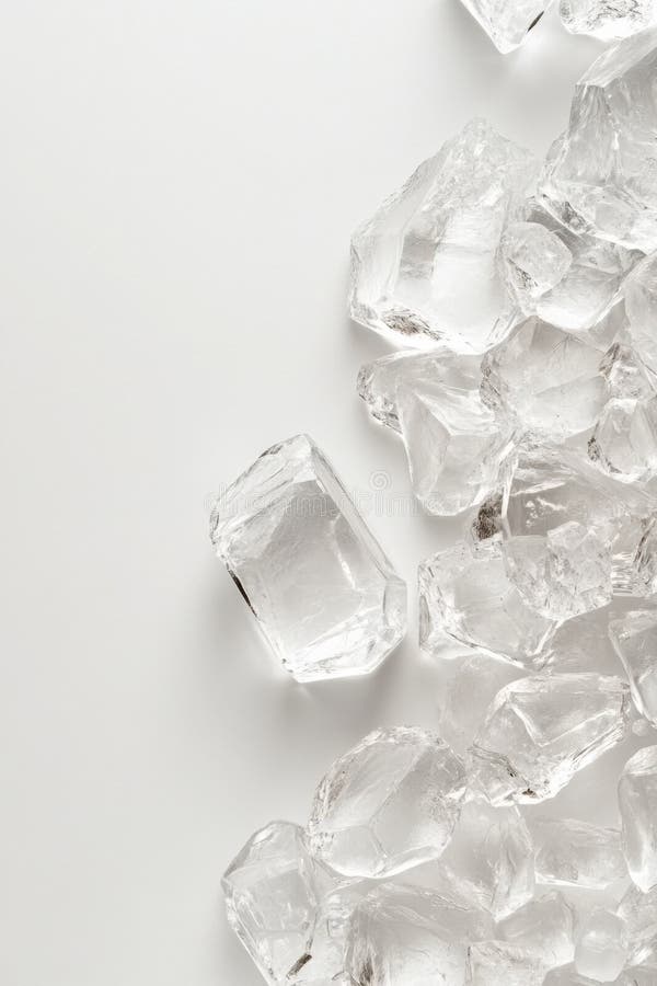 Clear Ice Fragments Scattered on White Surface. Chunks of Cold Ice ...