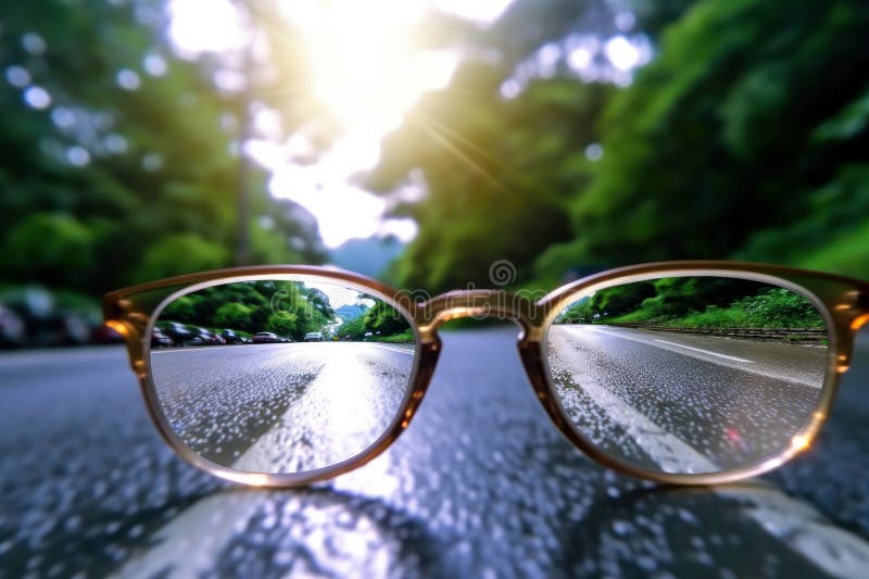 Clear Image of a Road, Leading To the Source of Light. Glasses is Lying ...