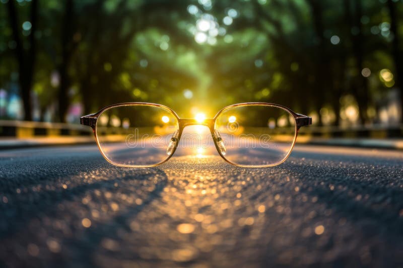 Clear Image of a Road, Leading To the Source of Light. Glasses is Lying ...