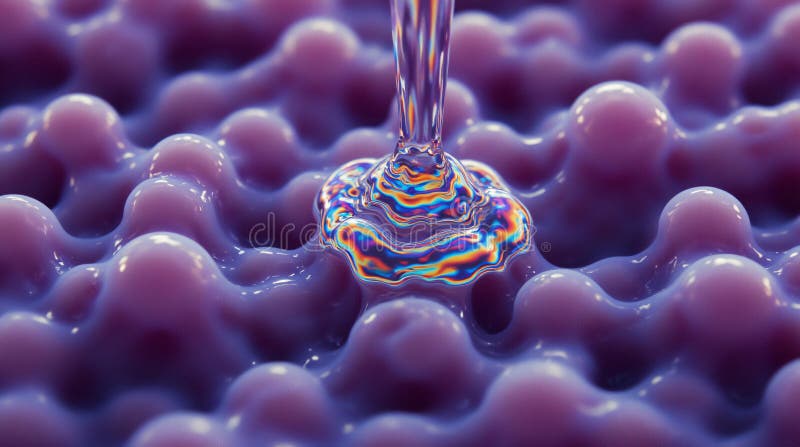 Clear Iridescent Liquid Falls Onto a Bumpy Purple Surface Stock ...