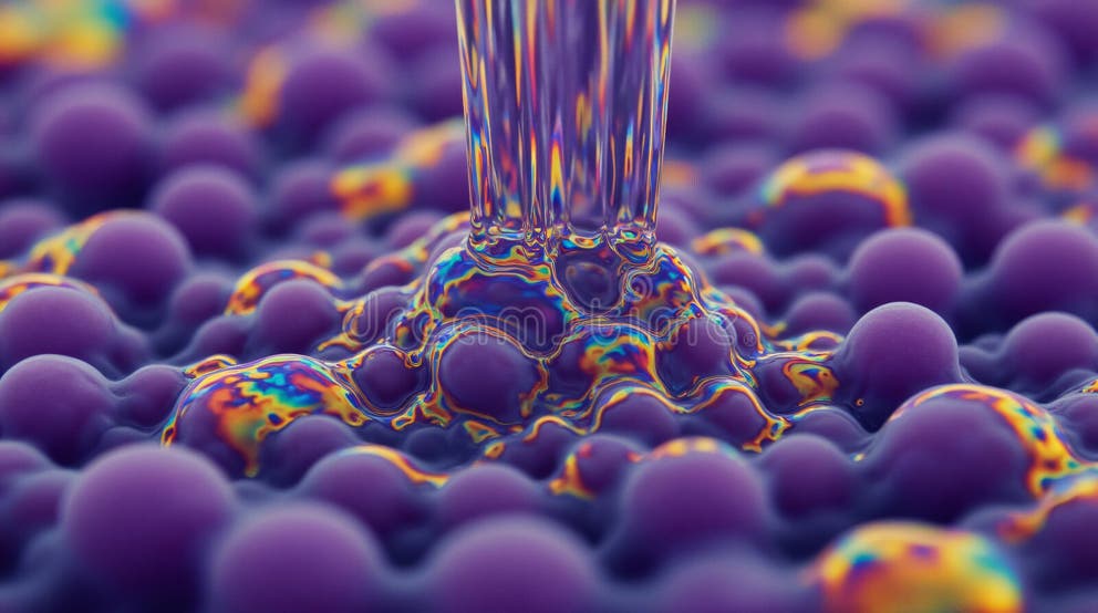 Clear Iridescent Liquid Falls Onto a Bumpy Purple Surface Stock ...