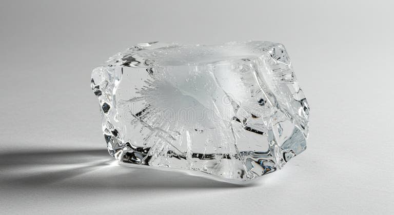A Clear, Irregularly Shaped Ice Block Rests on a Flat Surface with a ...