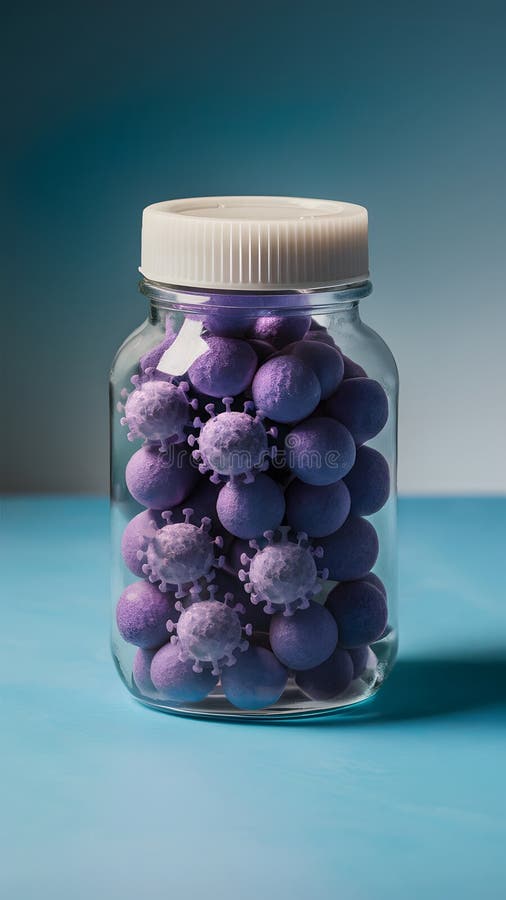 Clear Jar Filled with Purple Spherical Objects, White Cap, on Light ...