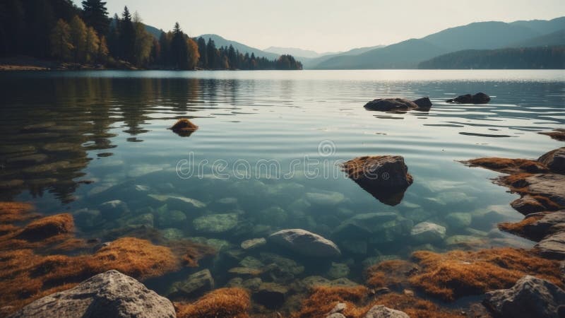 Clear Lake with Submerged Rocks Visible Beneath. Stock Image - Image of ...