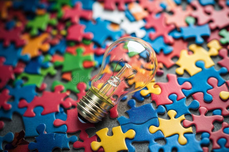A Clear Light Bulb is Placed on a Vibrant Assortment of Puzzle Pieces ...