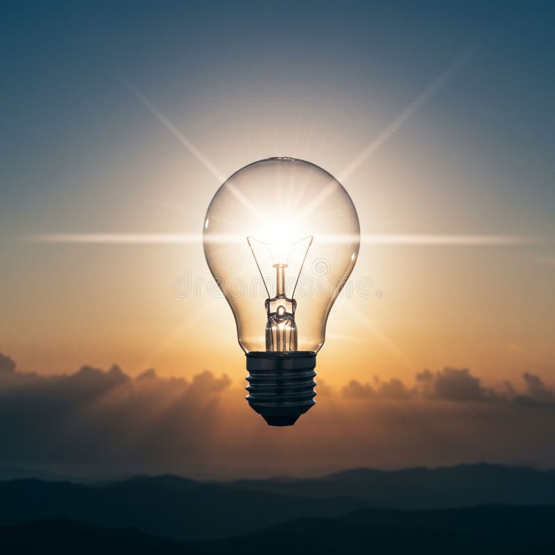 A Clear Light Bulb is Positioned Against a Backdrop of a Sunset or ...