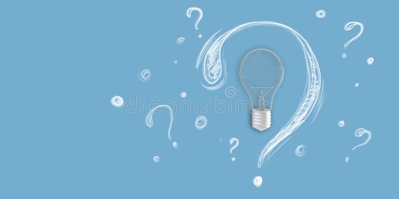 A Clear Light Bulb Surrounded by White Question Marks on a Blue ...