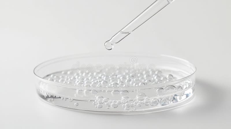 Clear Liquid Droplet Falling into Petri Dish with Bubbles in Scientific ...