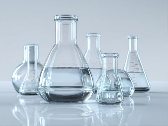 Clear Liquid Inside Laboratory Glassware Arranged on a Reflective ...