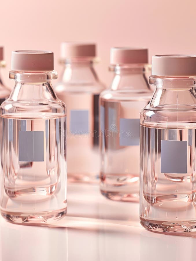 Clear Medical Vials with Pink Lids and Labels, in a Lab Setting. Stock ...