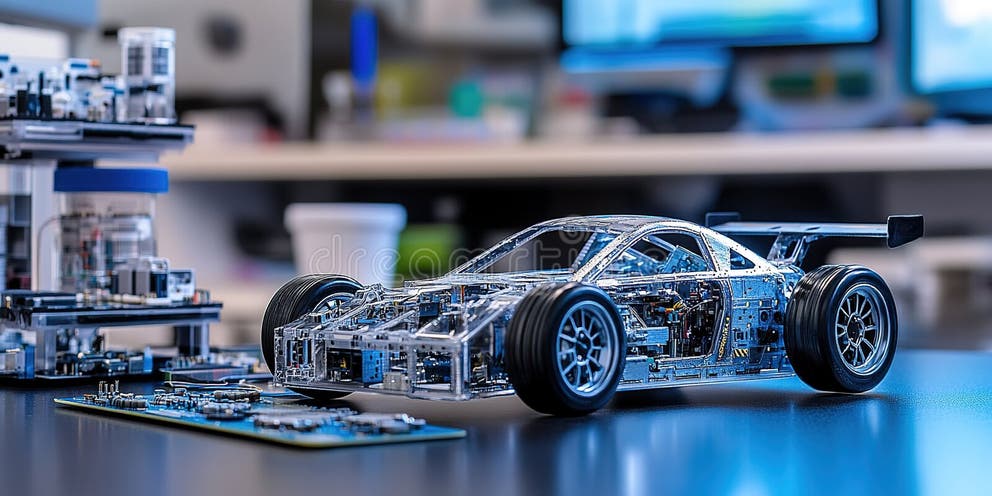 Clear Model Race Car Assembled on a Workbench Surrounded by Electronics ...