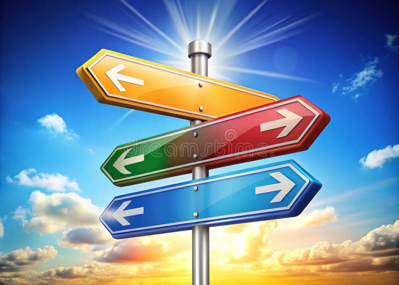 Clear and Modern ThreeWay Direction Arrow Road Sign Illustration with ...