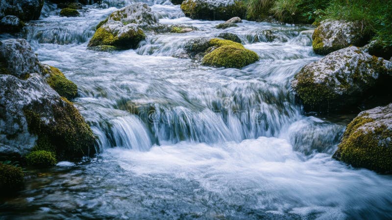 Clear Mountain Stream Flowing Over Mossy Rocks Stock Illustration ...