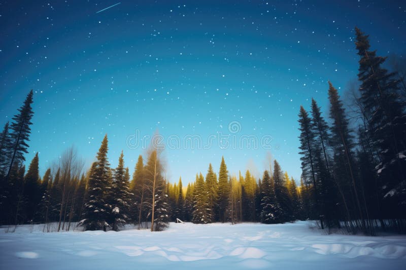 Clear Night Sky Over a Snowy Forest Clearing Stock Photo - Image of ...