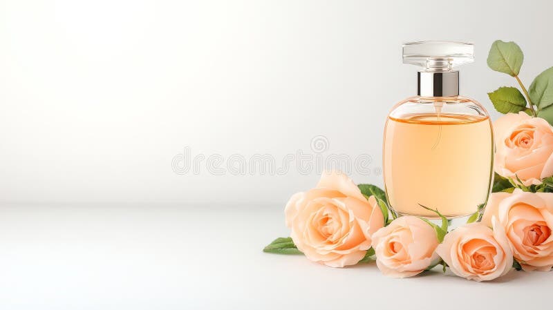 A Clear Perfume Bottle Surrounded by Soft Peach Roses, Creating a ...
