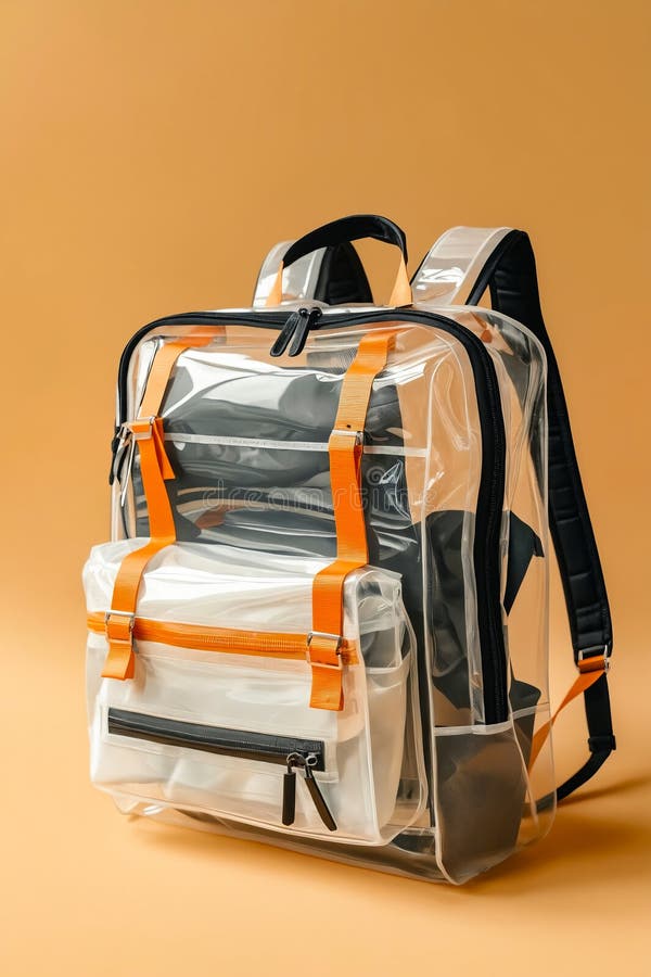 A Clear Plastic Backpack with a Black Strap and Orange Strap ...