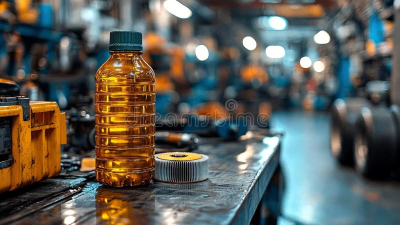 Clear Plastic Bottle Filled with Golden Liquid on Workshop Workbench ...
